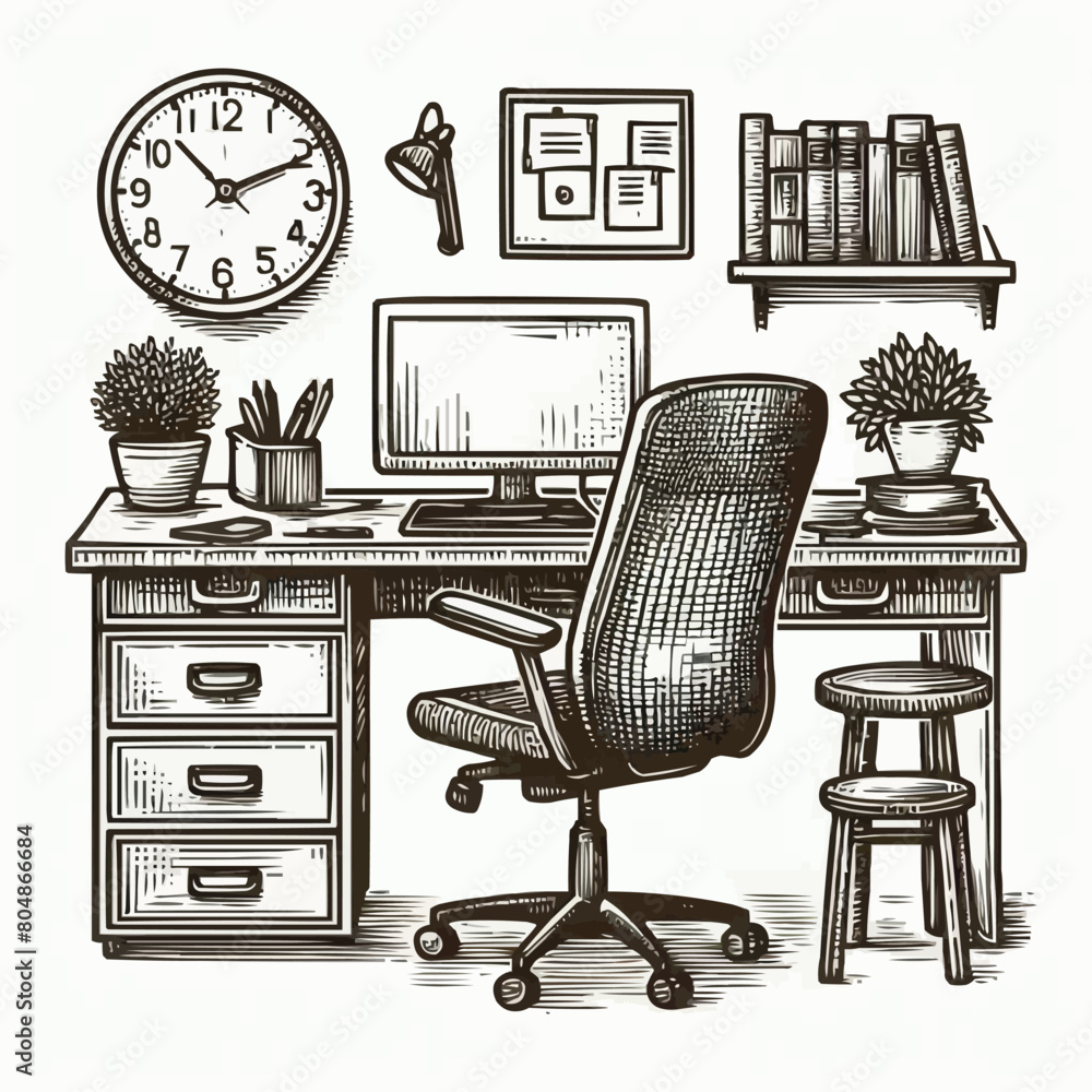 Vetor de Free Vector Work desk hand drawn outline doodle icon. office desk with chair vector ...