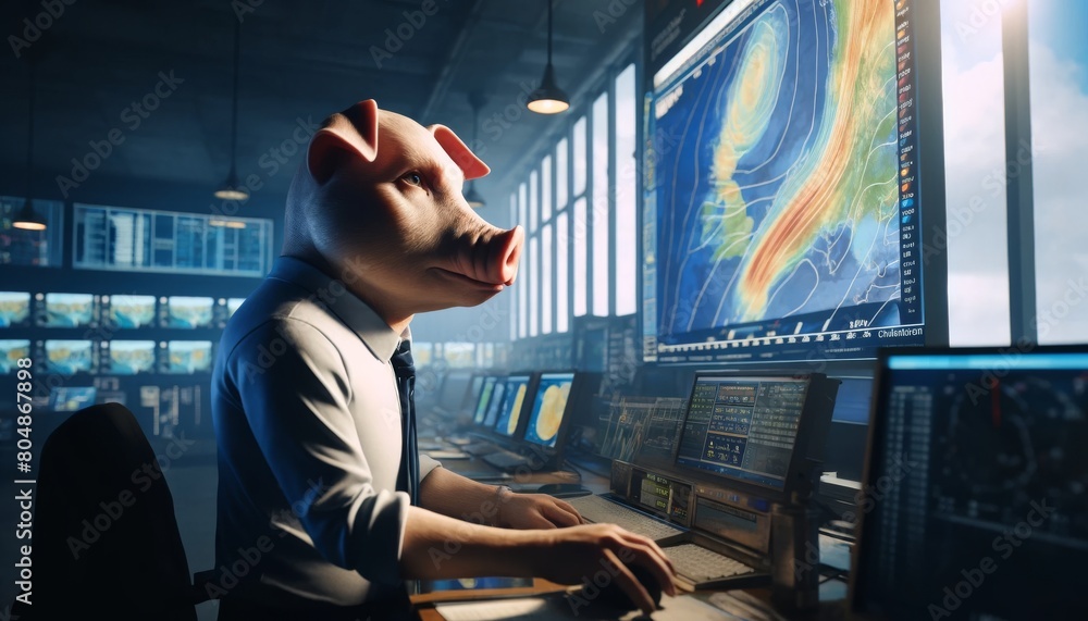 A pig wearing a suit and tie sits at a computer terminal in a control ...