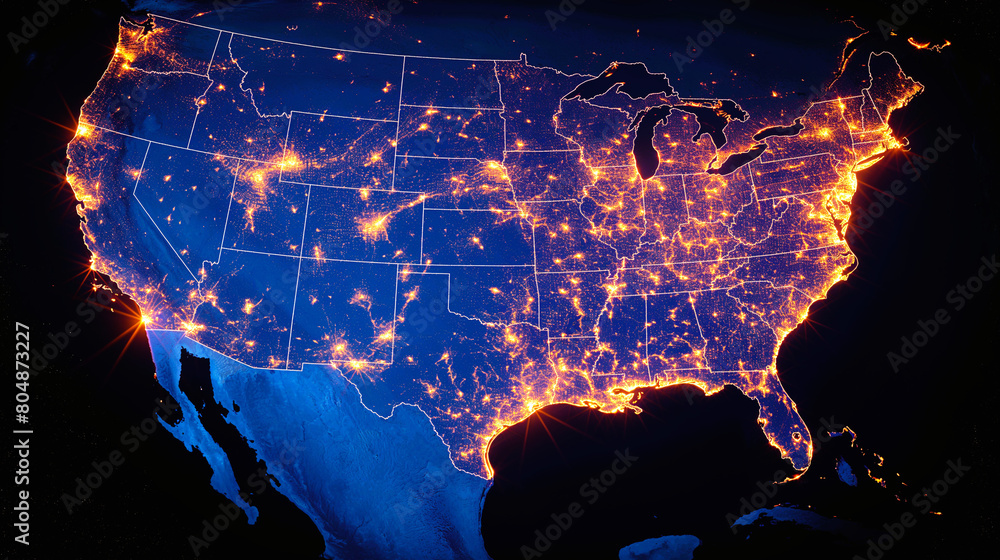 The map of United States of America at night, viewed from space ...