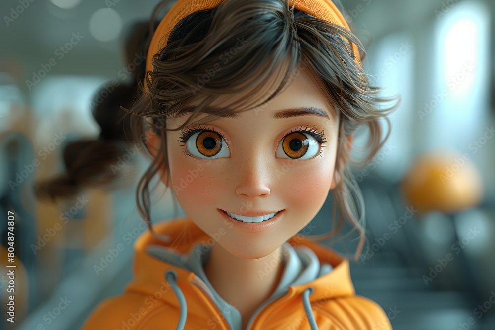 In the gym, an adorable 3D cartoon child with blushing cheeks is ...