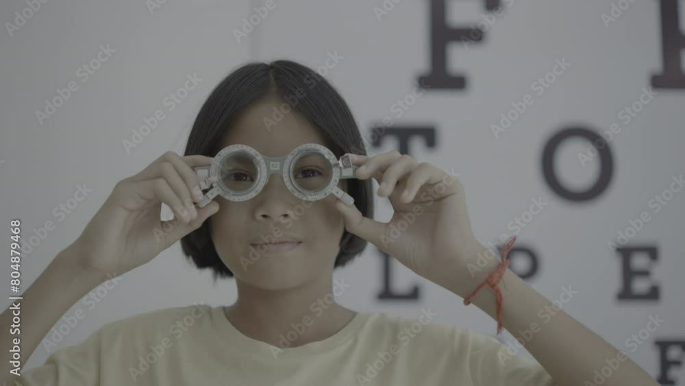 Elementary school girl wearing eyeglasses visual acuity test with test ...