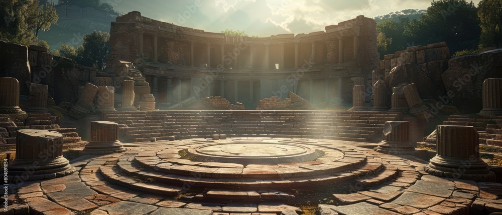 A circular stone platform with pillars surrounding it, located inside ...