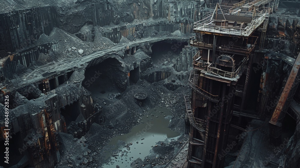 A dystopian industrial scene showing a large, decrepit mining facility ...