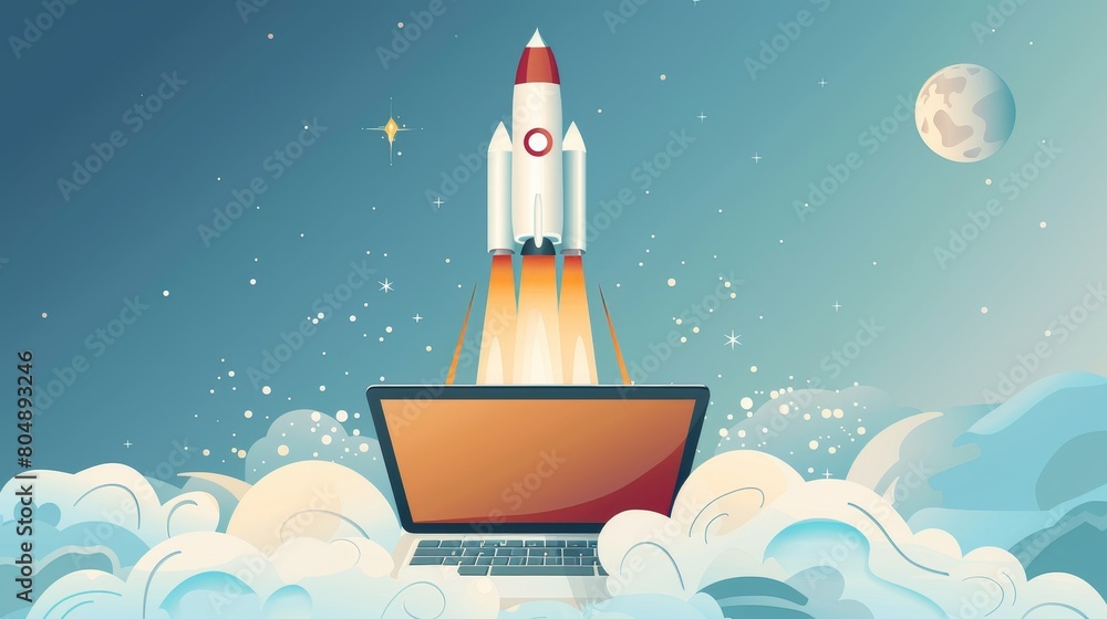 Artistic portrayal of a laptop and a rocket launch, encapsulating the ...