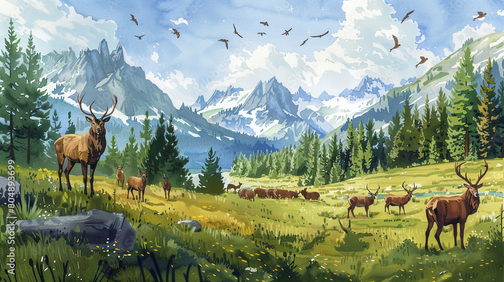 Realistic depiction of diverse alpine wildlife in a lush mountain ...