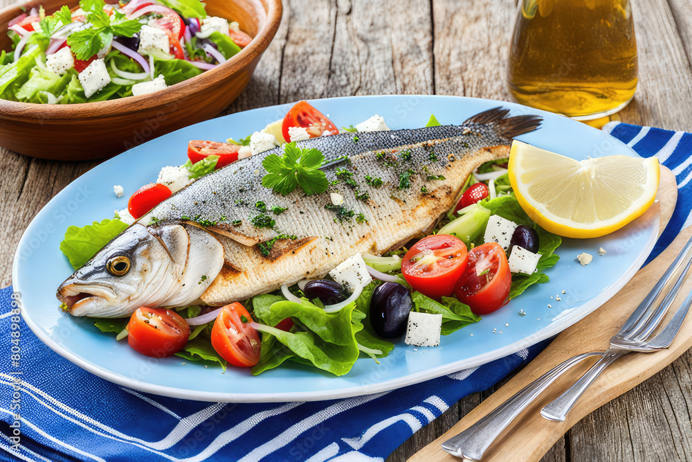 Traditional Cretan Dorada fish with Greek salad, Kissamos, Crete, Greek ...