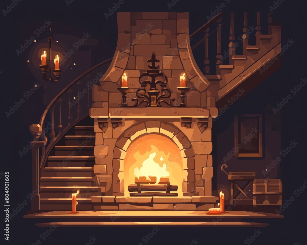 Richly designed stone fireplace in a grand castle, secret passage in ...
