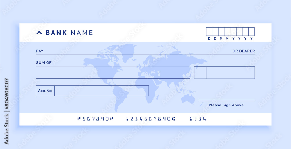 blank bank cheque paper mockup with worldmap design Stock Vector ...