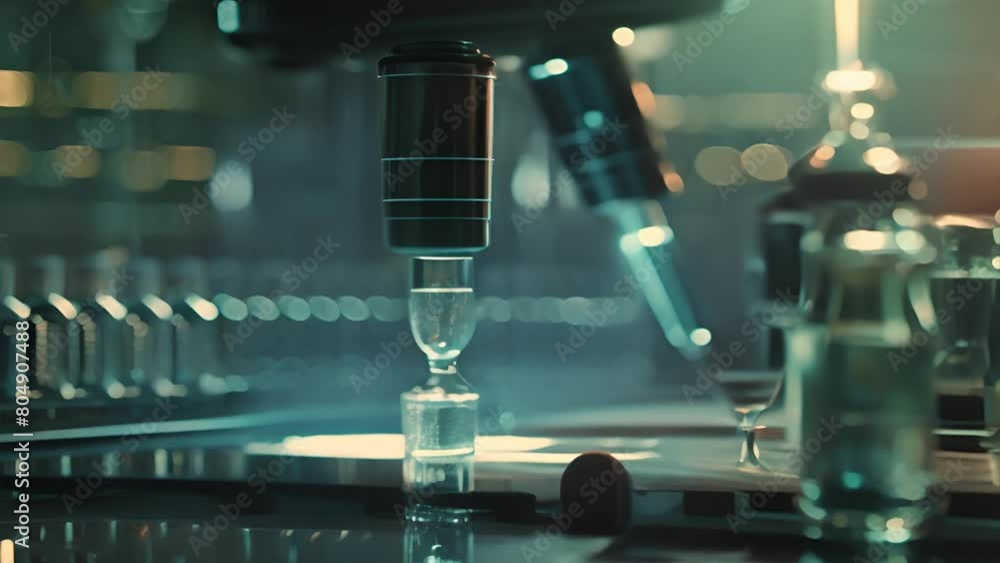 A biology lab scene with a focus on a pipette analyzing a sample ...