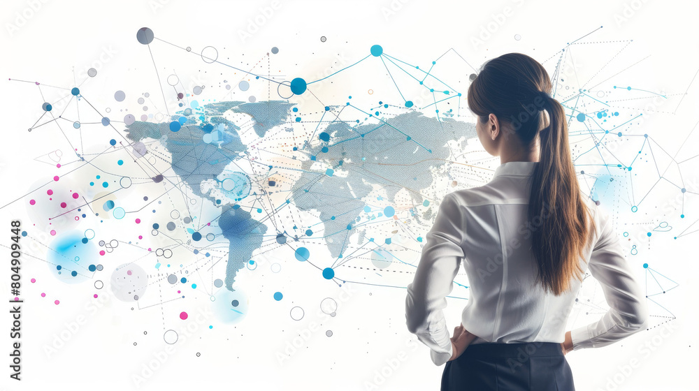 Business woman drawing global structure networking and data exchanges ...