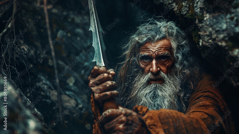 A Confident Healthy Old Ancient Man On A Hunting Adventure In A Dark ...