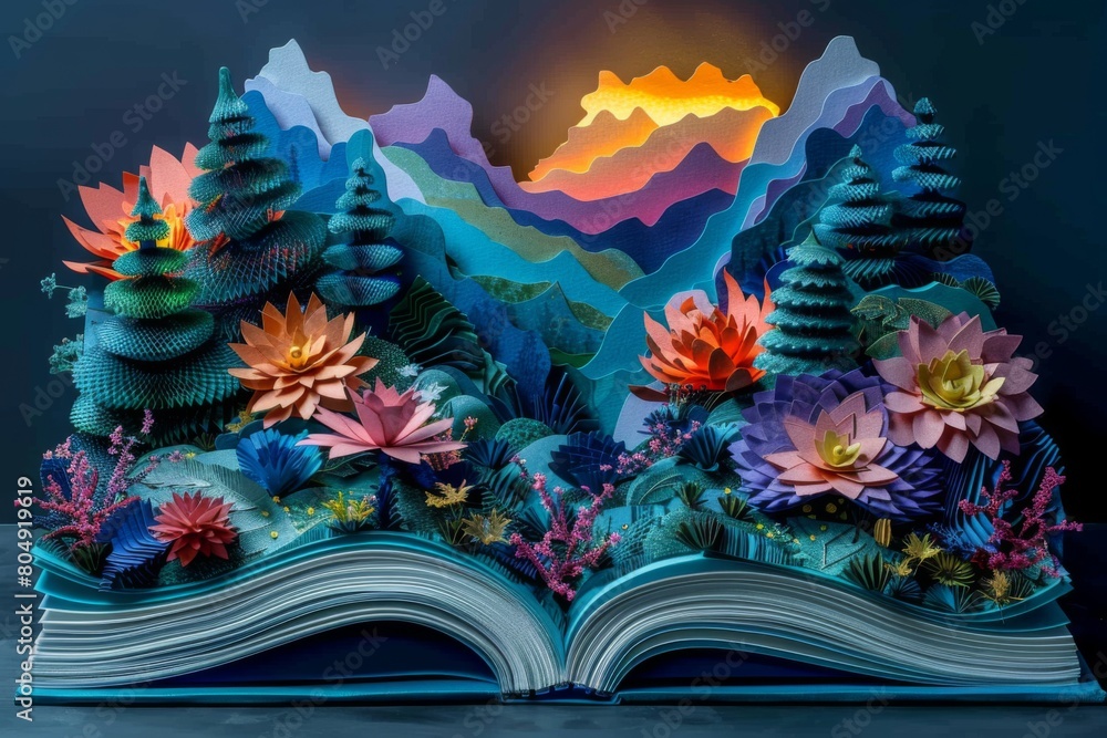 Teacher's Day, an open book with intricate papercraft designs of trees ...