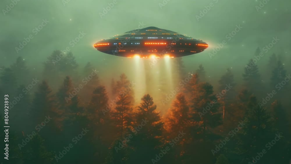 Alien ufo spaceship fly above forest. Futuristic mystery saucer ...