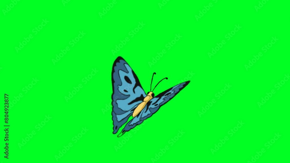 2D animated butterfly character slow flapping above flowers in green ...