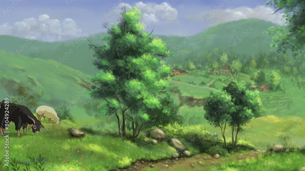 2D animation of sheep and goats are grazing in beautiful landscape in ...