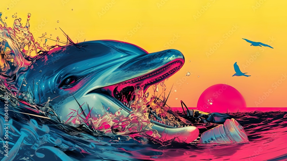 Dolphin, plastic debris, Sad and polluted ocean, Realistic, Golden Hour ...