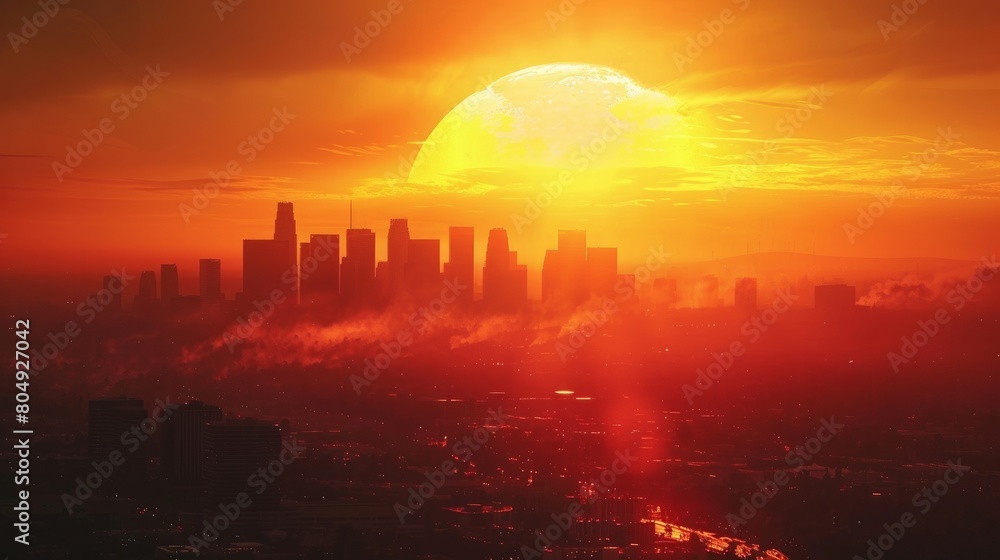 An intense heatwave depicted by a scorching hot sun, symbolizing climate change and global ...