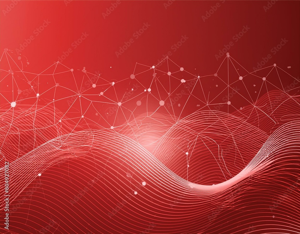 Abstract red tech background with digital waves, Dynamic network system, Artificial neural ...