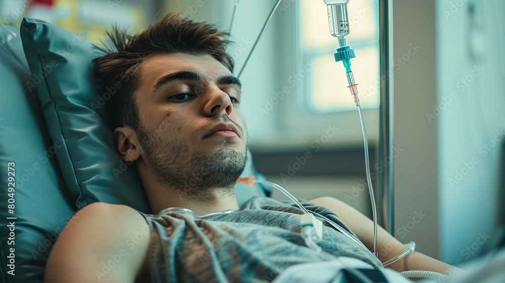 Dehydrated young man receiving intravenous vitamin therapy in hospital ...