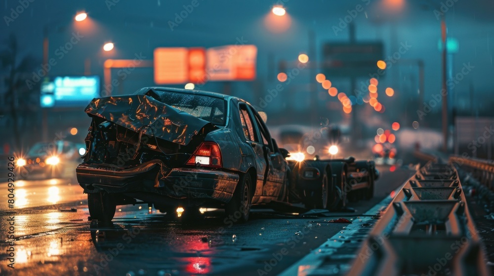 A wrecked car being transported on a tow truck along a highway after a ...