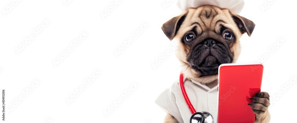 Pug puppy dressed like a doctor with medical hat and stethoscope uses ...