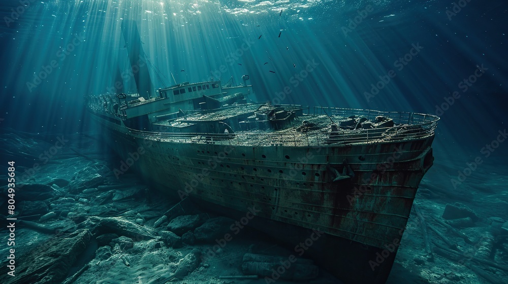 Titanic in the ocean sunlight. Image about story of Titanic. copy space ...