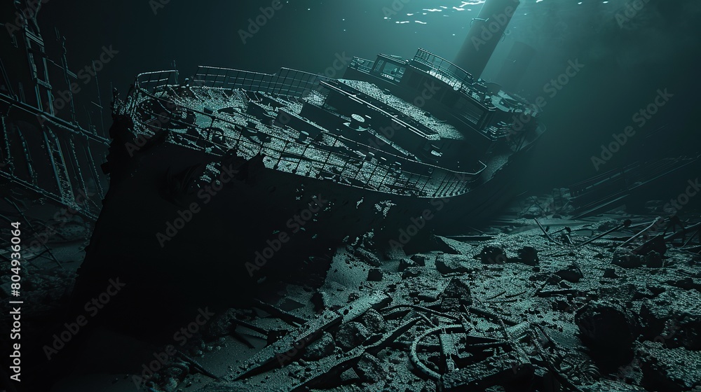 Titanic shipwreck lying silently on the ocean floor. The image ...