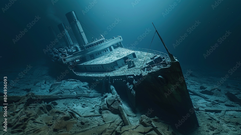 Titanic shipwreck lying silently on the ocean floor. The image ...