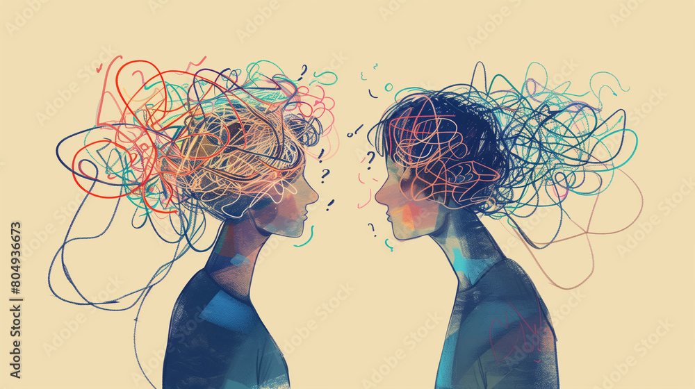 A simple line drawing depicting two people engaged in conversation. One ...