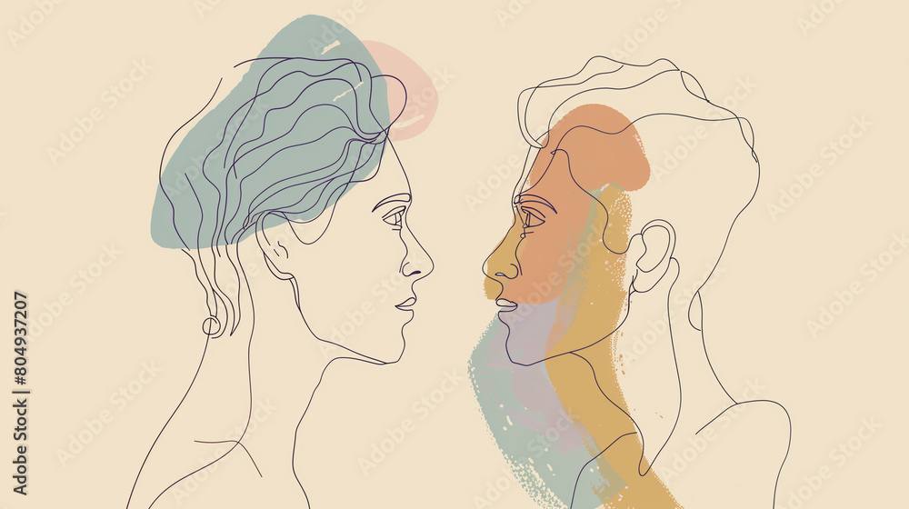 A simple line drawing depicting two people engaged in conversation. One ...