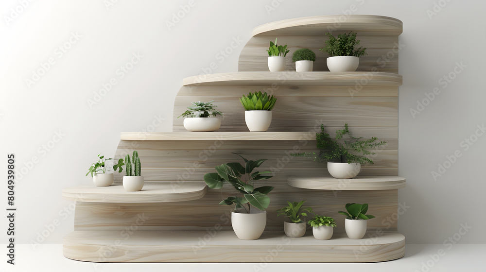 This modern, curved shelving unit with a wood finish and green plants ...