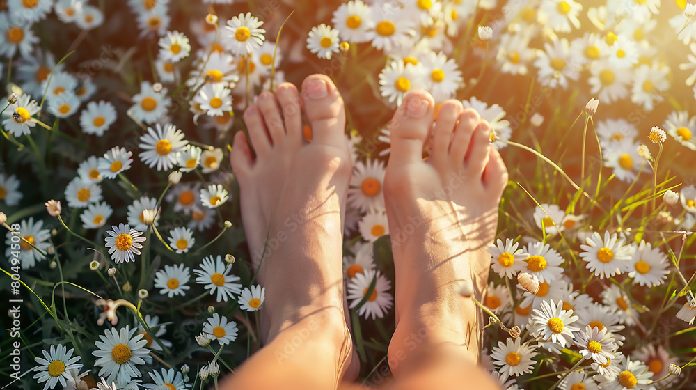 Beautiful female feet in daisy field, top view, summer nature ...