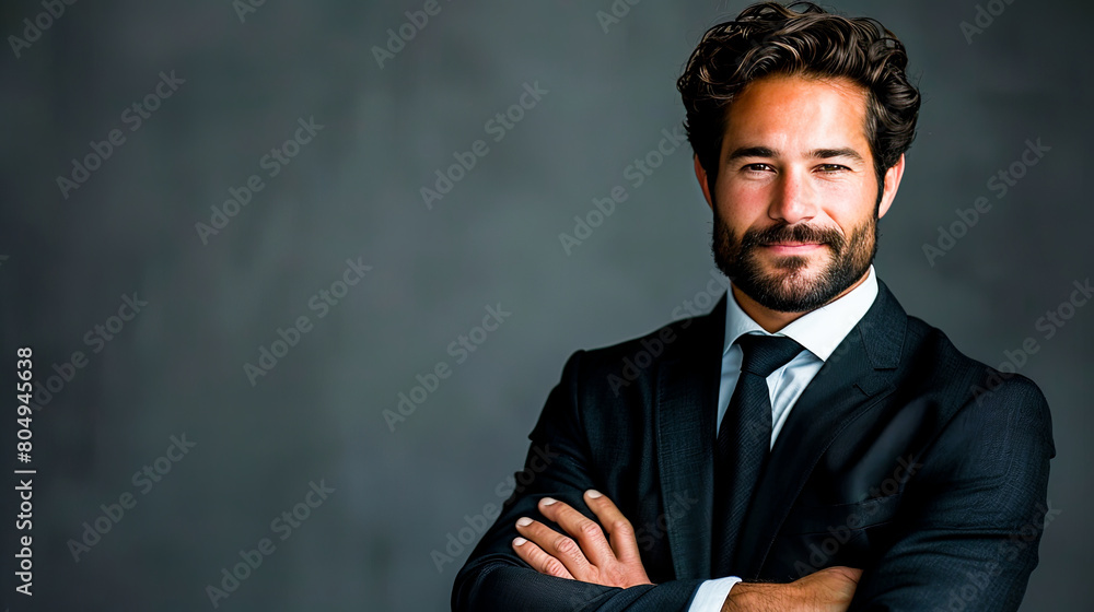Smiling young business man in classic black suit shirt tie posing ...