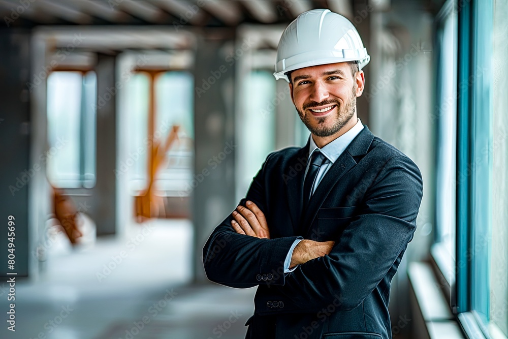 Smiling young engineer man in classic black suit shirt tie and ...