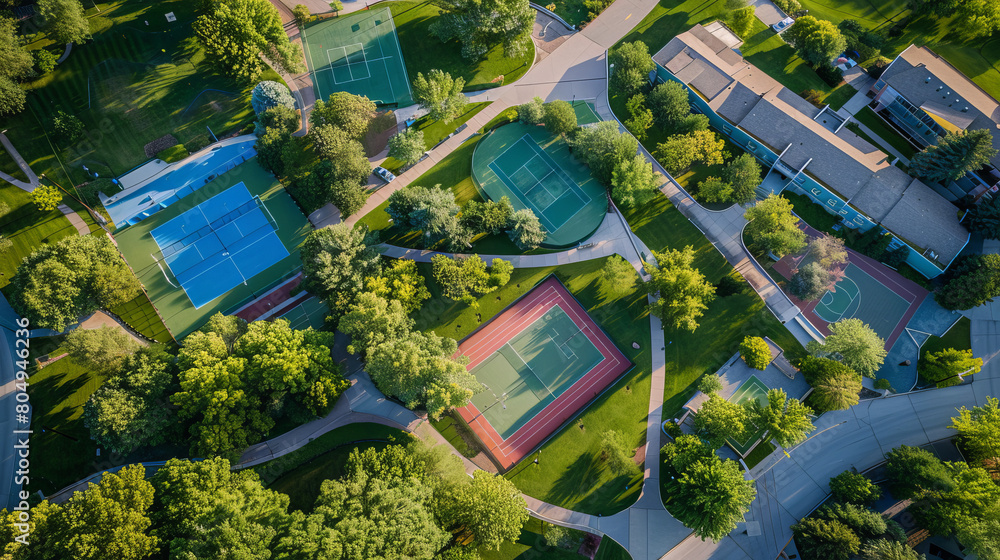 Aerial view of a summer recreation center with sports courts and green ...