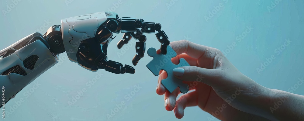 Robot hand and human hand collaborating on puzzle assembly, symbolizing humanAI cooperation ...