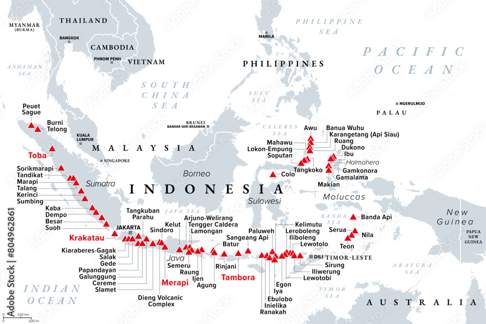 Major volcanoes in Indonesia, political map. Southeast Asian country ...