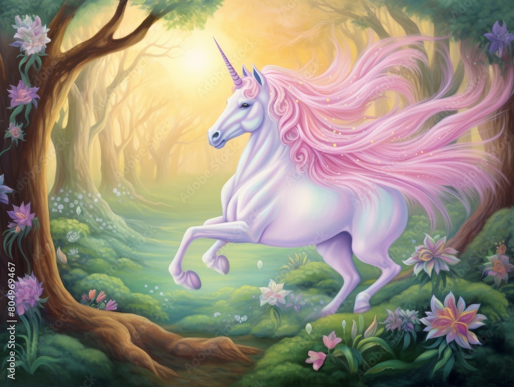 Depict a wise unicorn communing with ancient spirits in a sacred grove ...