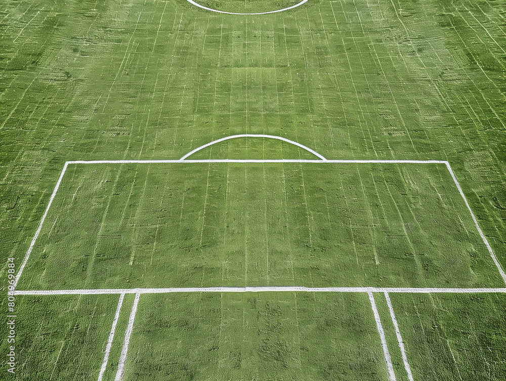 A top view of the lush green grass on an outdoor soccer field ...