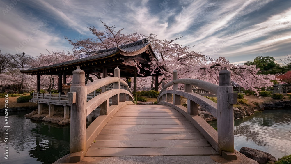 Springtime in Japanese Garden: Wooden Bridge Leading to Traditional ...