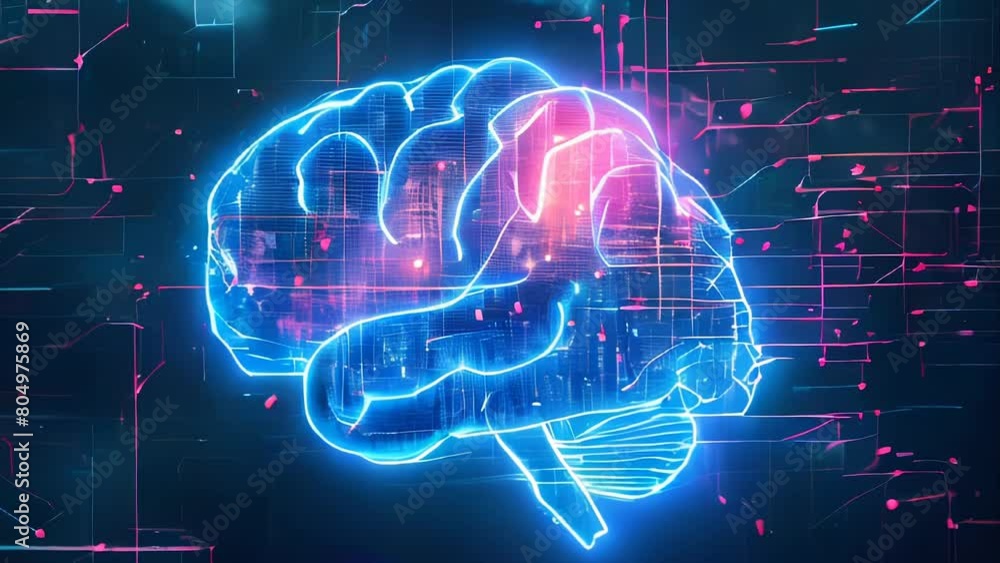 Brain model digital hologram with data transfer process. Concept of neural connections of ...