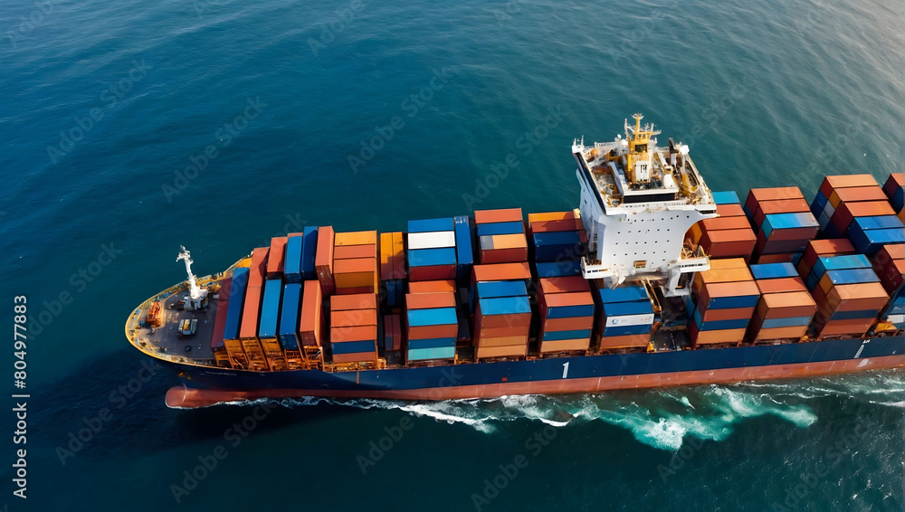 Bird's-eye perspective captured by drone, a container ship plies ...