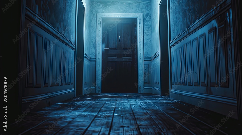 A mysterious door at the end of a dimly lit hallway, implying concealed ...