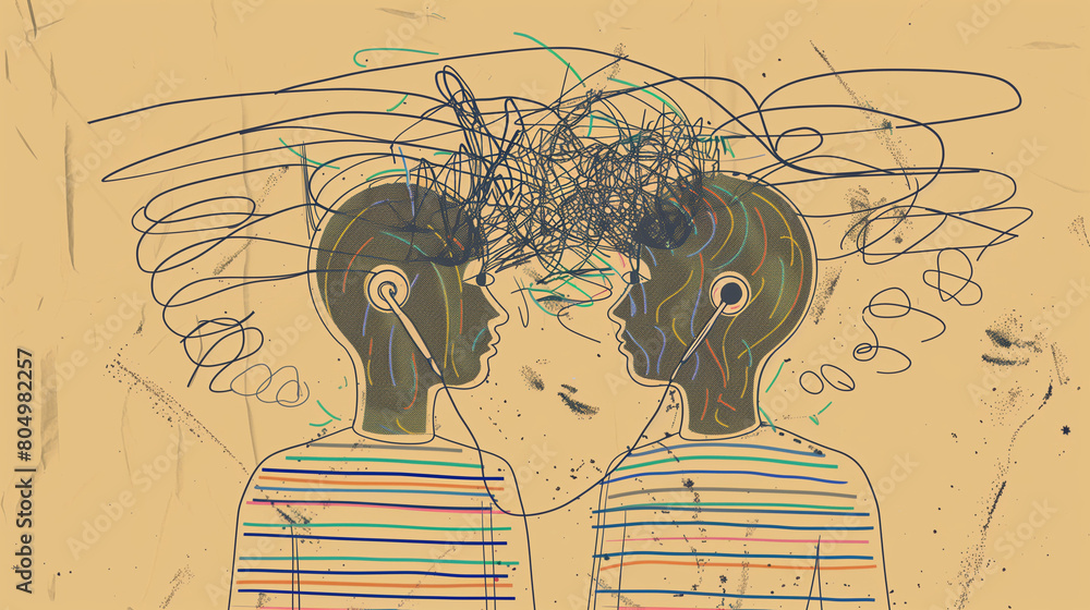 A simple line drawing featuring two people facing each other. One ...