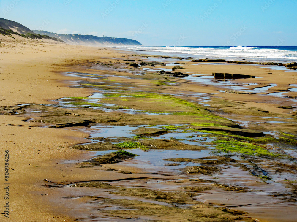 Moss covered beach rock exposed on the Indian Ocean side on KaNyaka ...