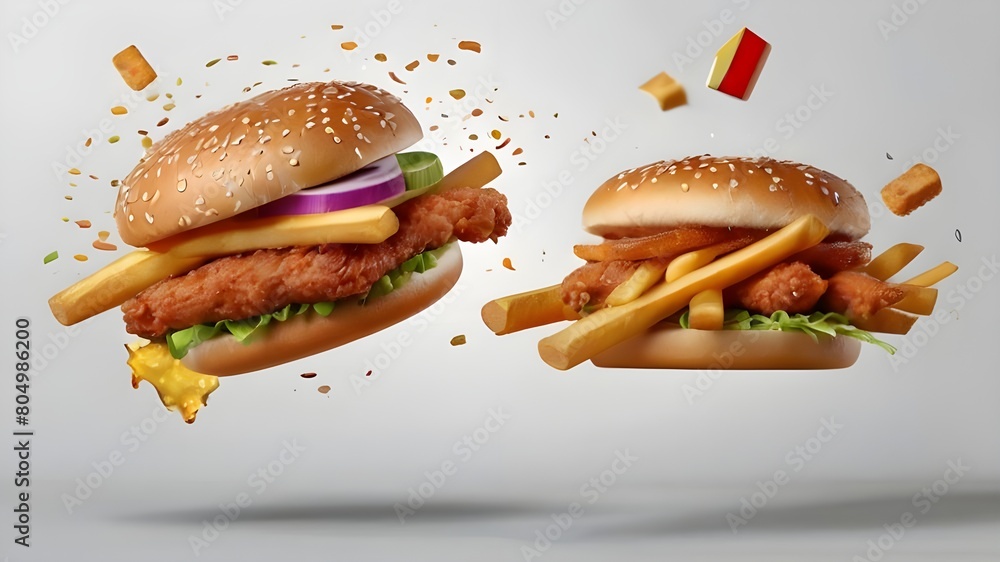 flying fast food dishes isolated on white abstract background. floating ...