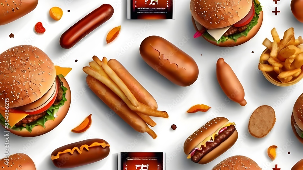 flying fast food dishes isolated on white abstract background. floating ...