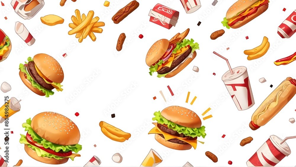 flying fast food dishes isolated on white abstract background. floating ...