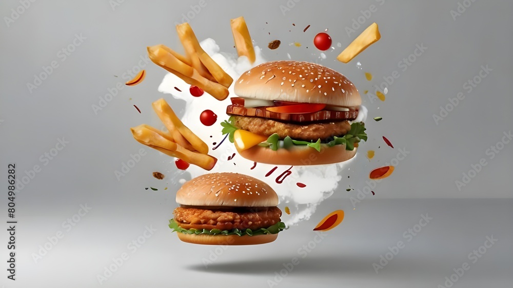 flying fast food dishes isolated on white abstract background. floating ...