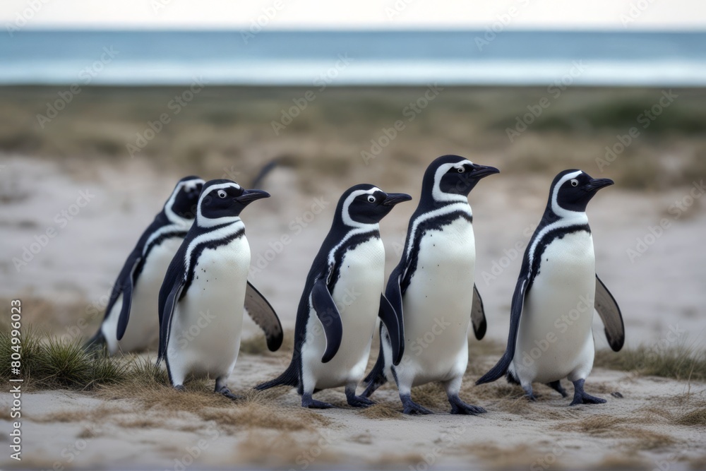 'penguins heading beach sea falkland magellanic fishing out sandy ...